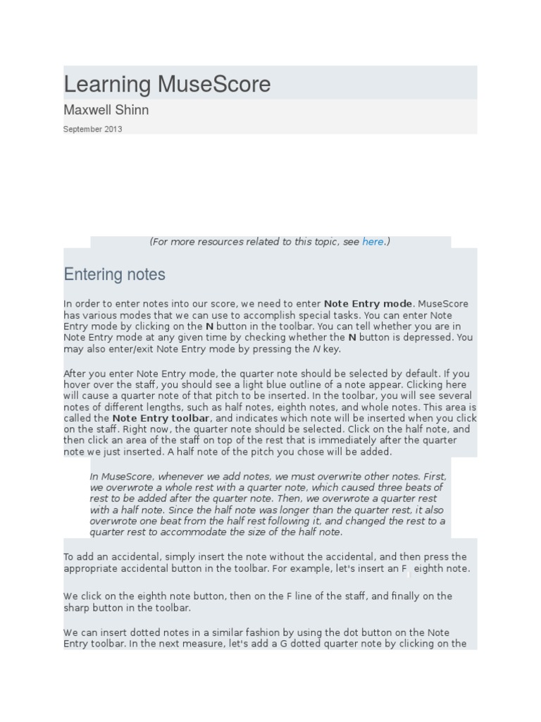 Learning Musescore: Entering Notes | PDF | Keyboard Shortcut | Computer ...