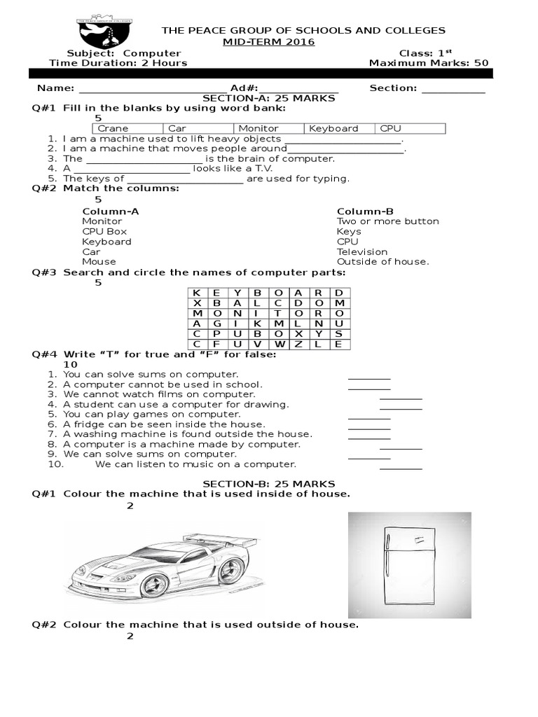Class 1 Mid Term Paper Computer | Computer Keyboard | Office Equipment
