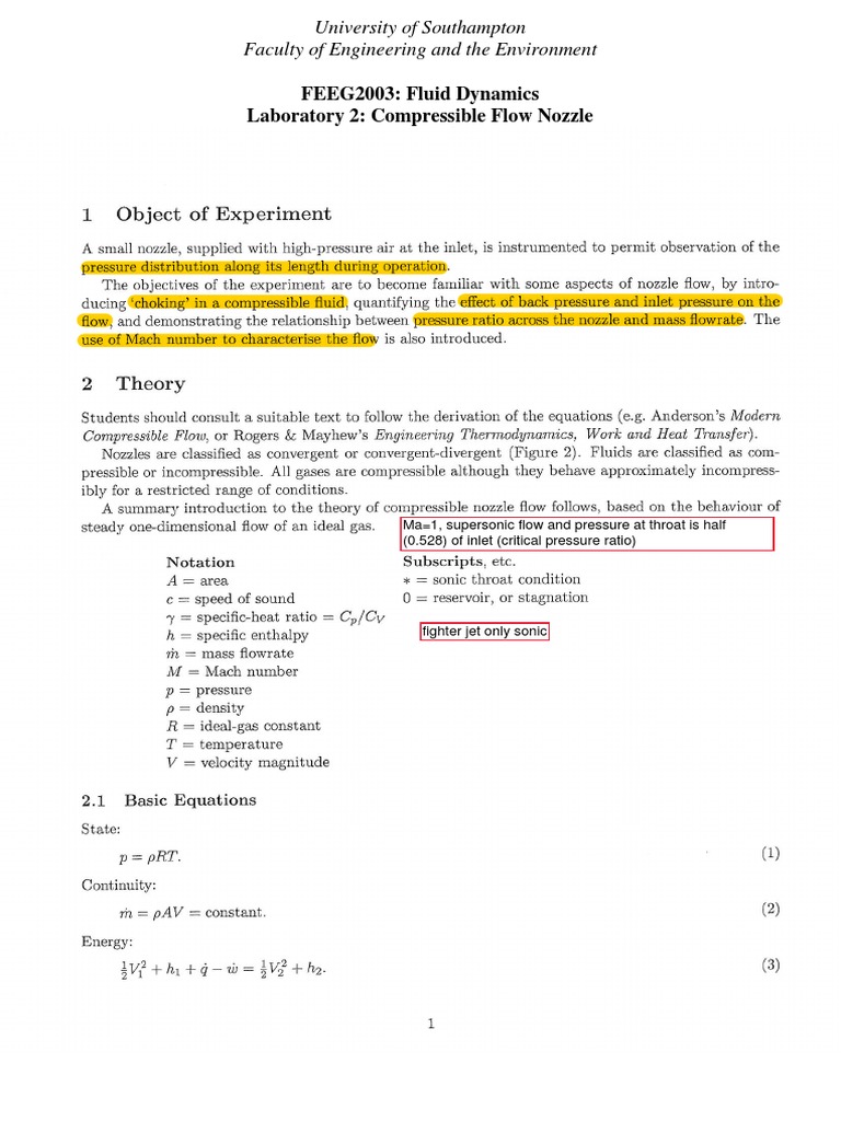 FEEG2003: Fluid Dynamics Laboratory 2: Compressible Flow Nozzle | PDF ...