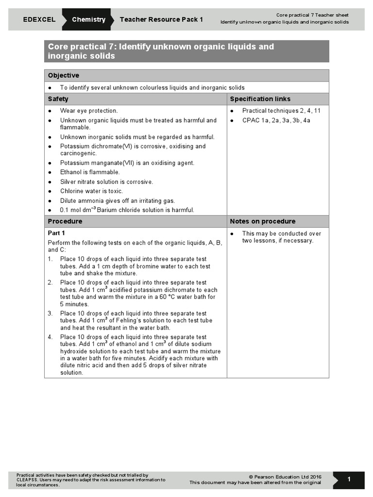 As and A Level Chemistry Core Practical 7 Inorganic and Organic Unkowns (Student, Teacher ...