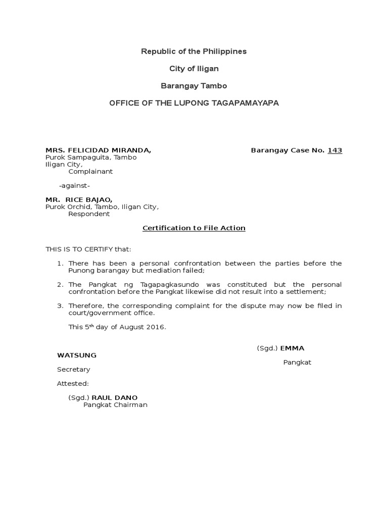 Barangay Certificate for Legal Action | PDF