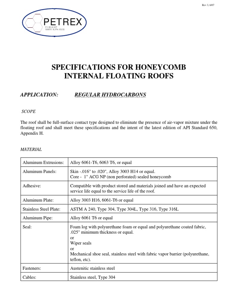 Petrex Specs For Honeycomb Internal Floating Roofs | PDF | Buoyancy ...