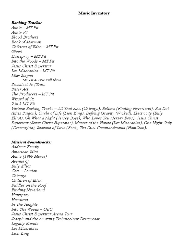 Music Inventory Backing Tracks & Soundtracks | PDF