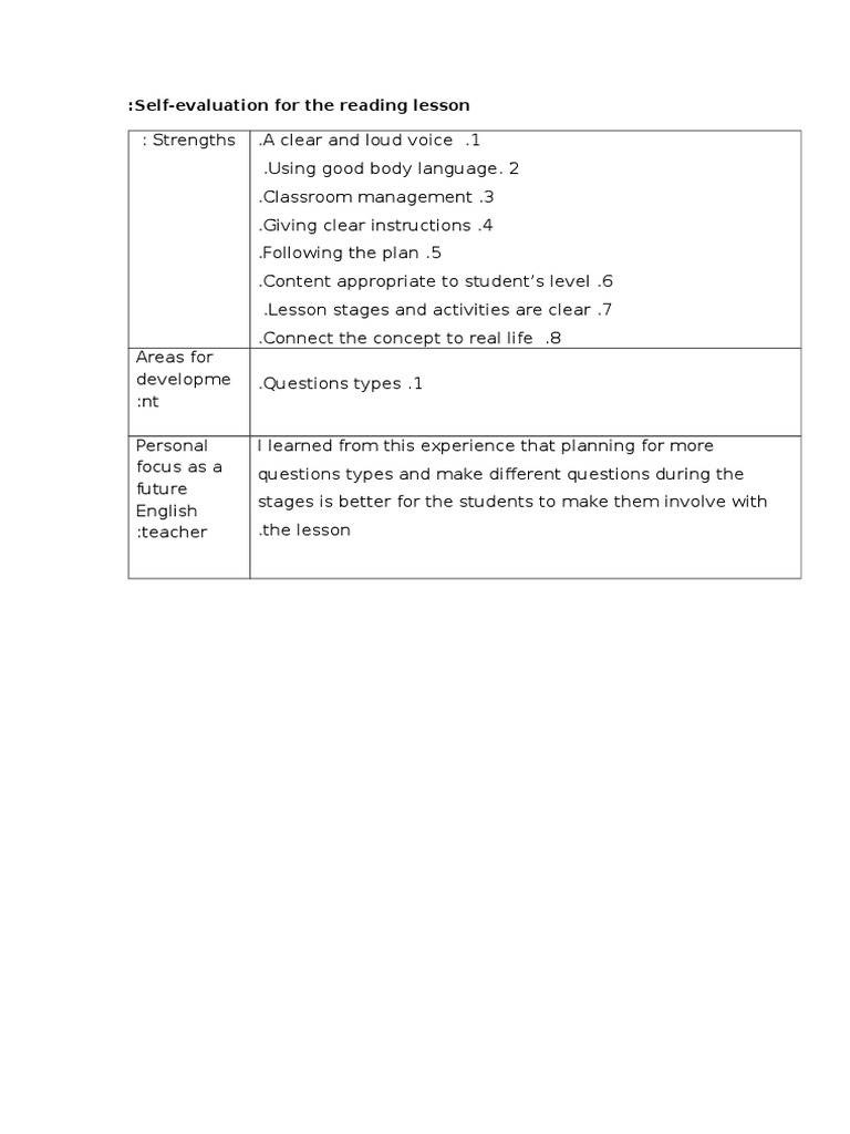 Self - Evalution 1 Reading | PDF