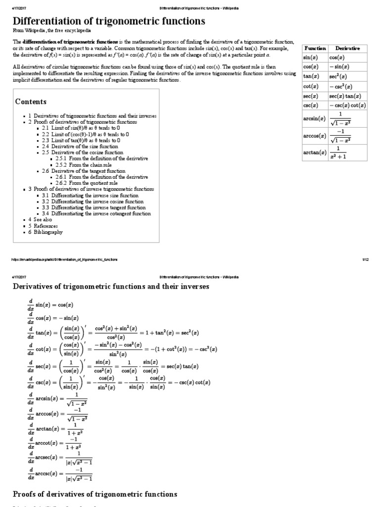 Differentiation of Trigonometric Functions - Wikipedia | PDF | Trigonometric Functions ...