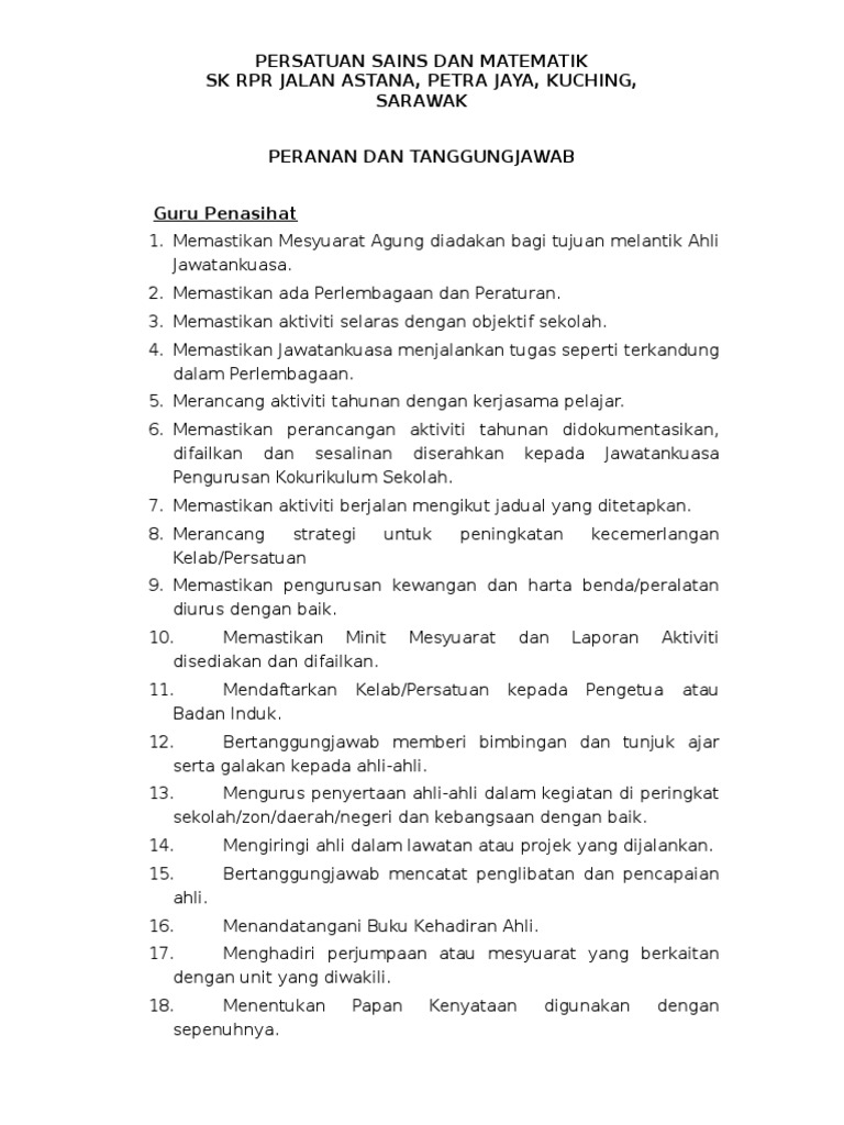 Peranan Dan Tanggungjawab Guru Penasihat & AJK | PDF