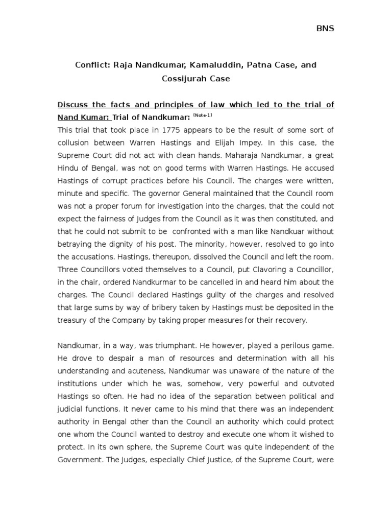 Conflict-Raja Nandkumar, Kamaludin, Patna Case and Cossijurah | PDF ...