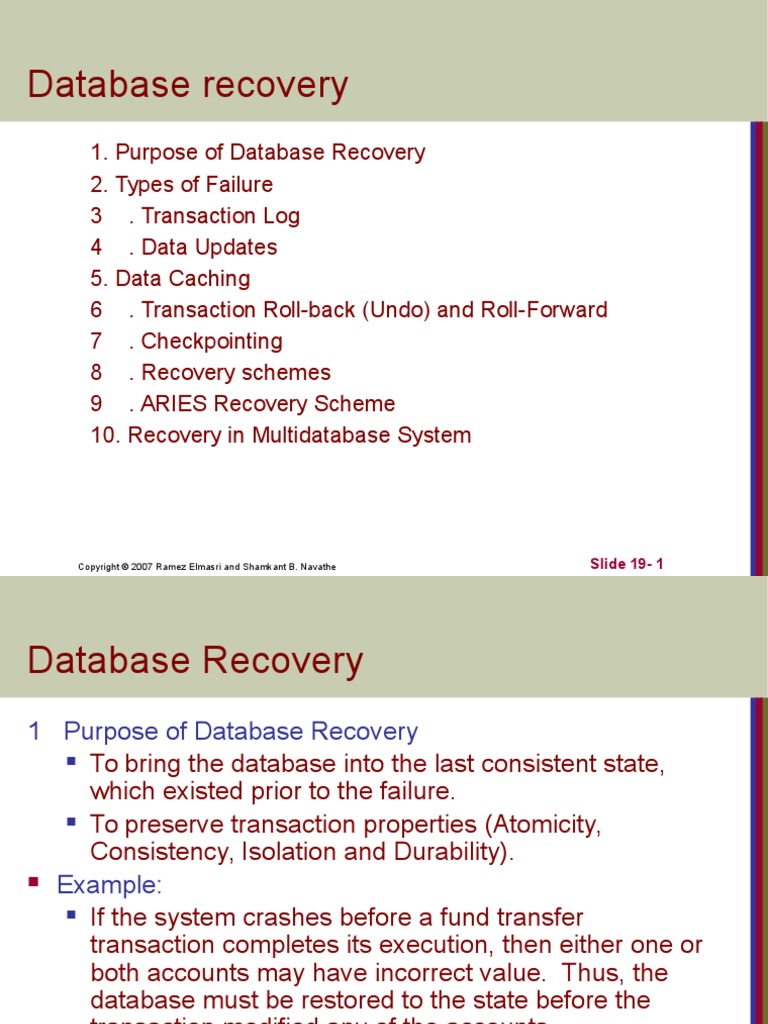 Database recovery: Slide 19-1 | Database Transaction | Concurrency ...