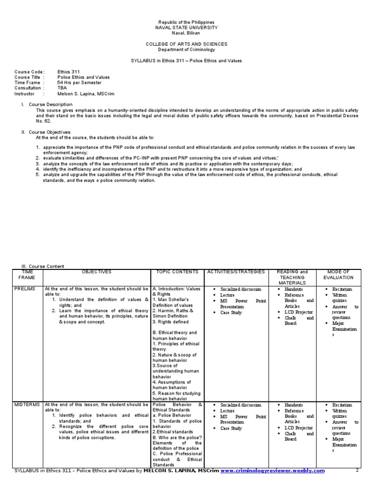 Course Syllabus in Ethics 311 | Value (Ethics) | Lecture