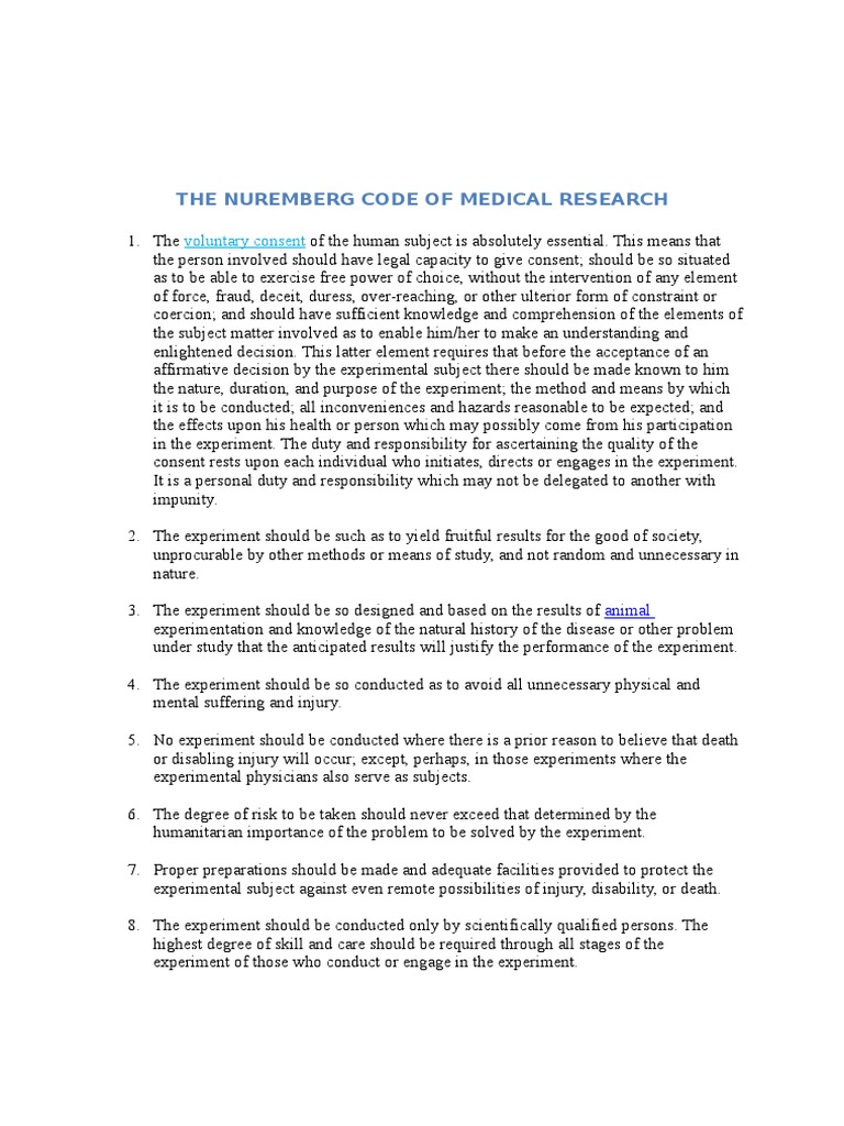Nuremberg Code | PDF | Consent | Experiment