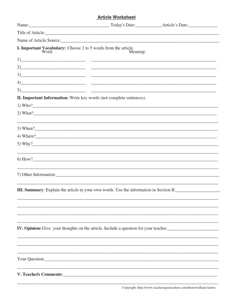 Article Reading Worksheet | PDF
