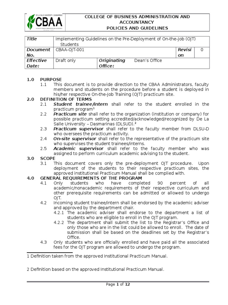 OJT Pre-Deployment Guidelines | PDF | Dean (Education) | Internship