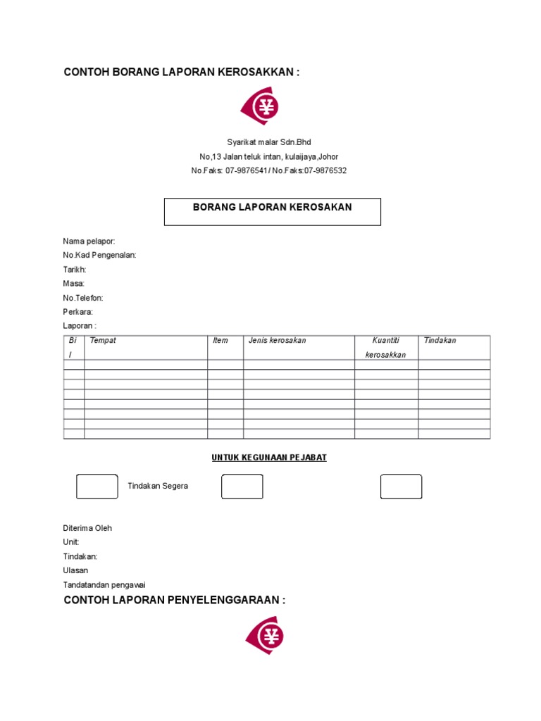 Contoh Borang Laporan Kerosakkan | PDF