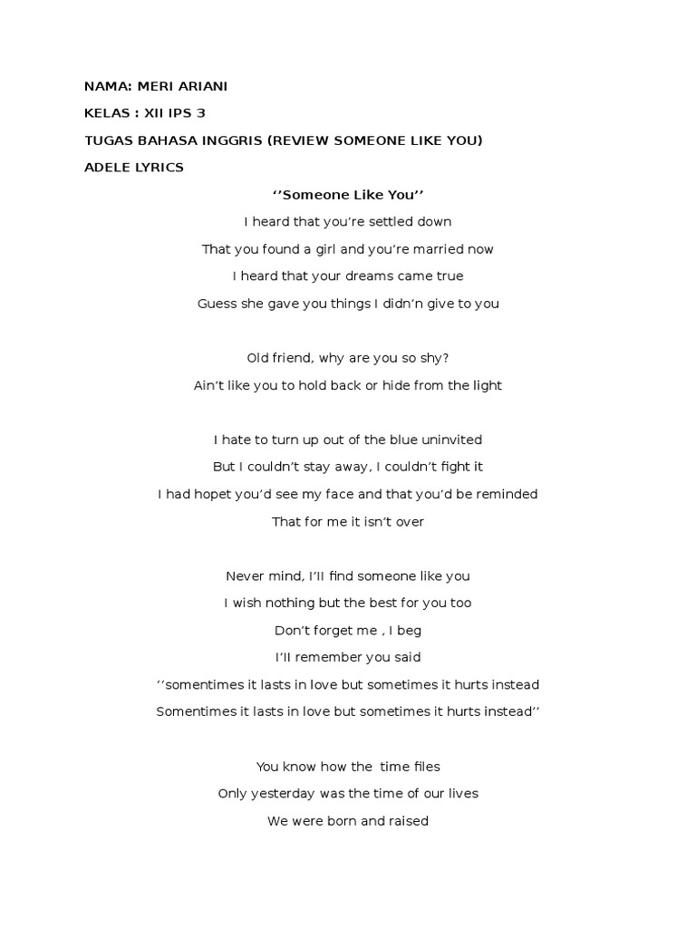 Nama: Meri Ariani Kelas: Xii Ips 3 Tugas Bahasa Inggris (Review Someone Like You) Adele Lyrics ...