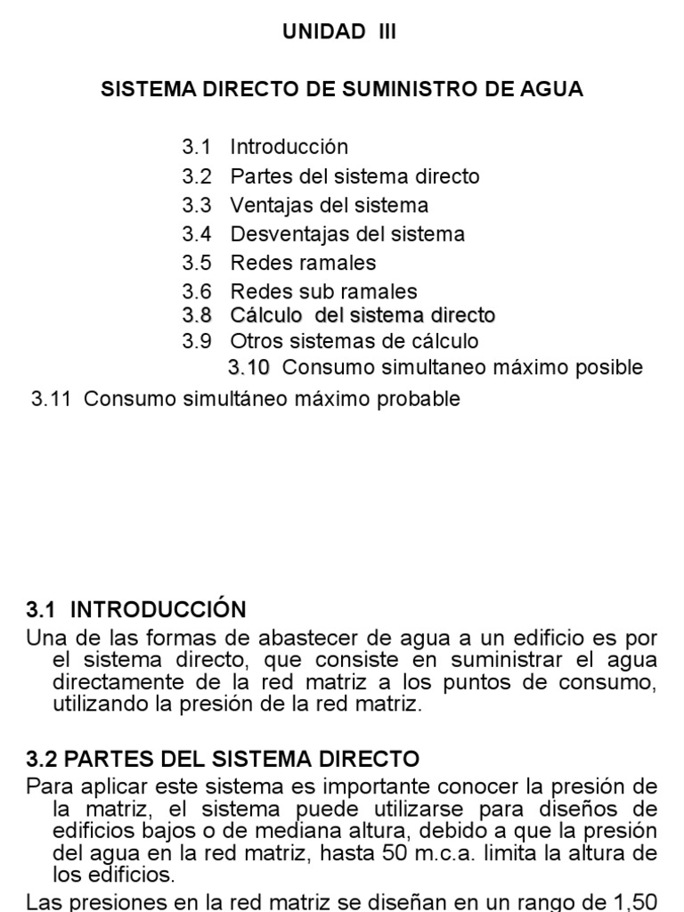 UNIDAD III Sistema Directo de Abastecimiento de Agua | PDF | Presión ...