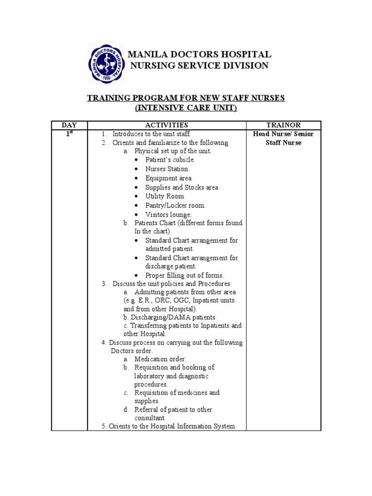 Training Program For New Staff Nurses in Icu | PDF | Intensive Care ...