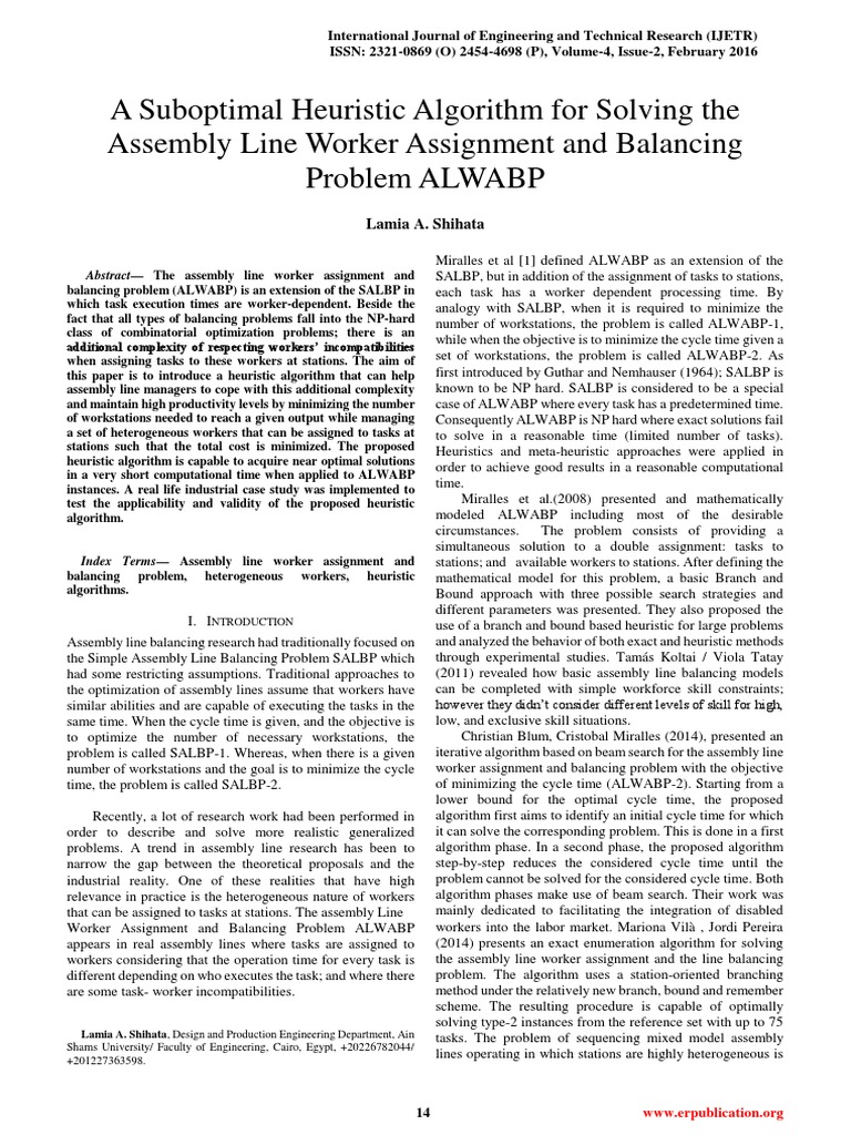 A Suboptimal Heuristic Algorithm For Solving The Assembly Line Worker Assignment and Balancing ...