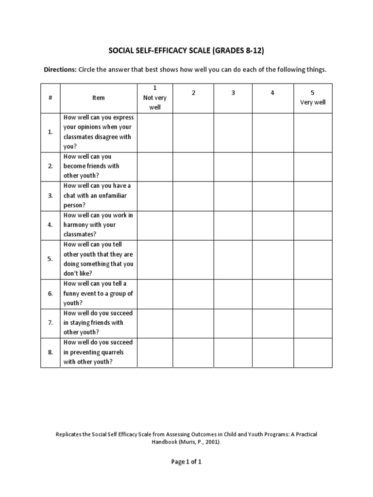 Muris Social Self Efficacy Scale Grades 8 12 0 | Psychology & Cognitive ...