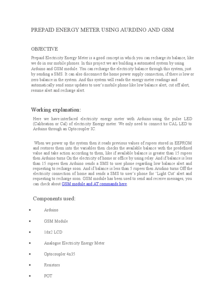 Prepaid Energy Meter Using Aurdino and GSM | PDF | Short Message ...