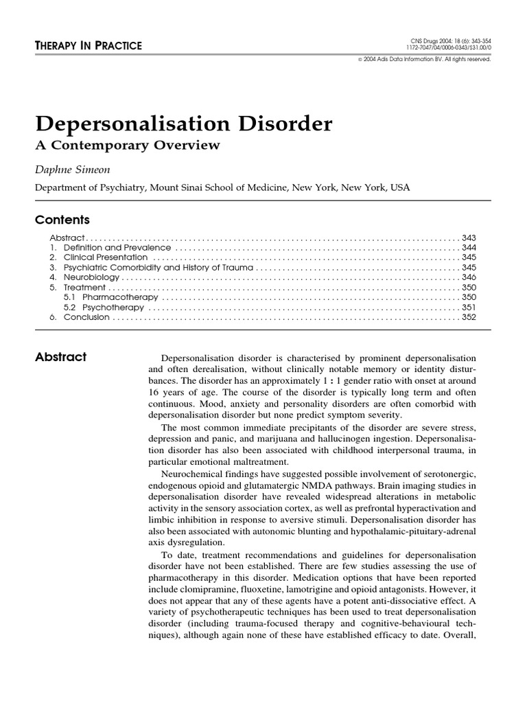 Depersonalisation Disorder: A Contemporary Overview | PDF | Parietal ...