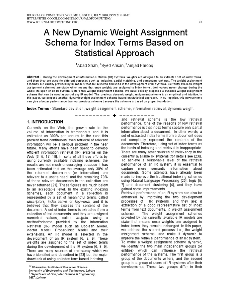 A New Dynamic Weight Assignment Schema For Index Terms Based On Statistical Approach Pdf