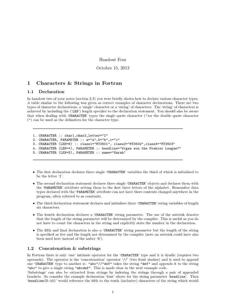 1 Characters & Strings in Fortran: Handout Four October 15, 2013 | PDF