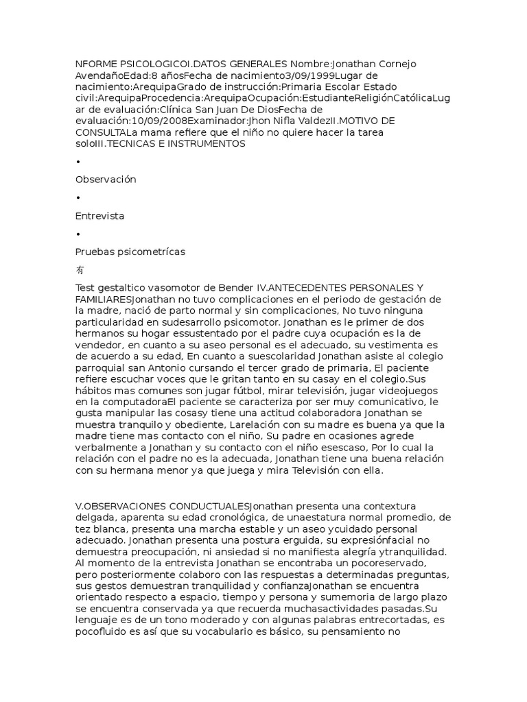 Informe Psicológico de Jonathan Cornejo | PDF | Psicología clínica ...