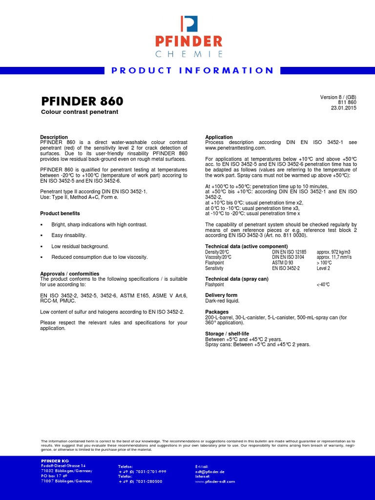 Brochure PFINDER 860 Colour Contrast Penetrant, 1p | PDF | Nature