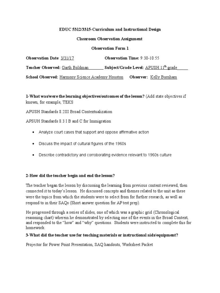 Classroom Observation of Garth Boldman | PDF | Educational Assessment ...