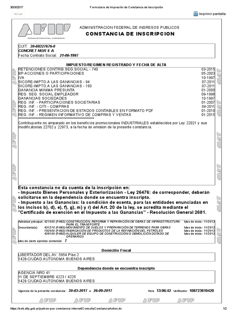 Constancia de Inscripcion AFIP CONCRET NOR SA | PDF | Impuesto sobre la ...