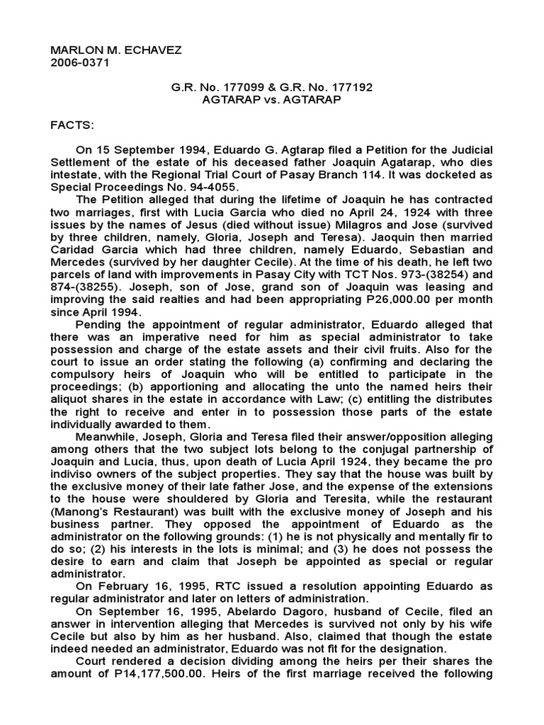 Agtarap Estate Division Ruling | PDF | Probate | Intestacy