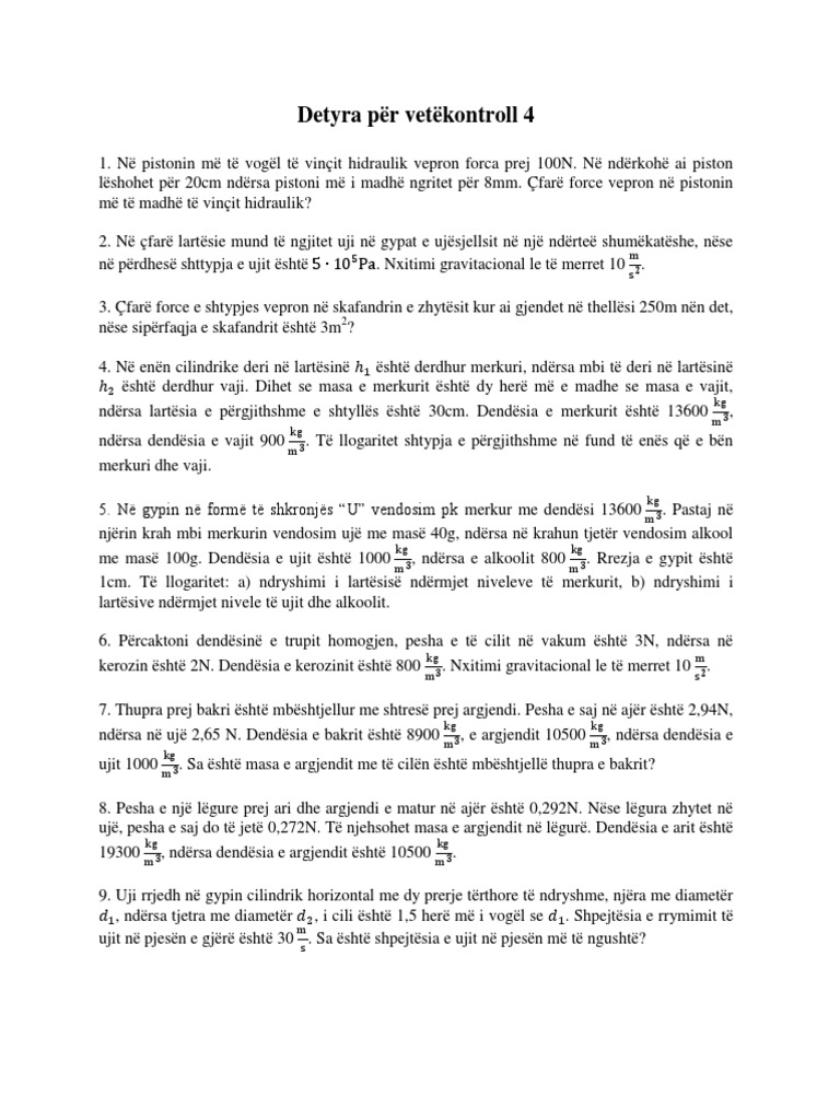 Detyra Për Vetëkontroll 4 - Viti I - Fizikë | PDF