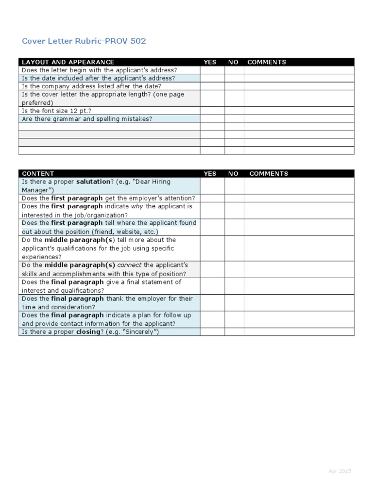 Cover Letter Rubric-PROV 502: Layout and Appearance YES NO Comments | PDF