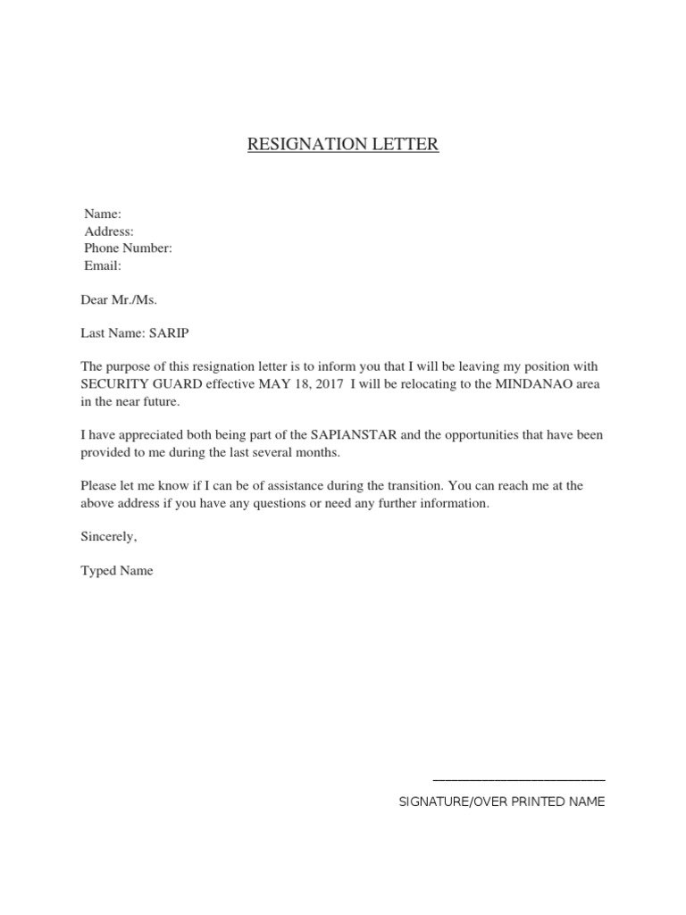 Resignation Letter: - Signature/Over Printed Name | PDF