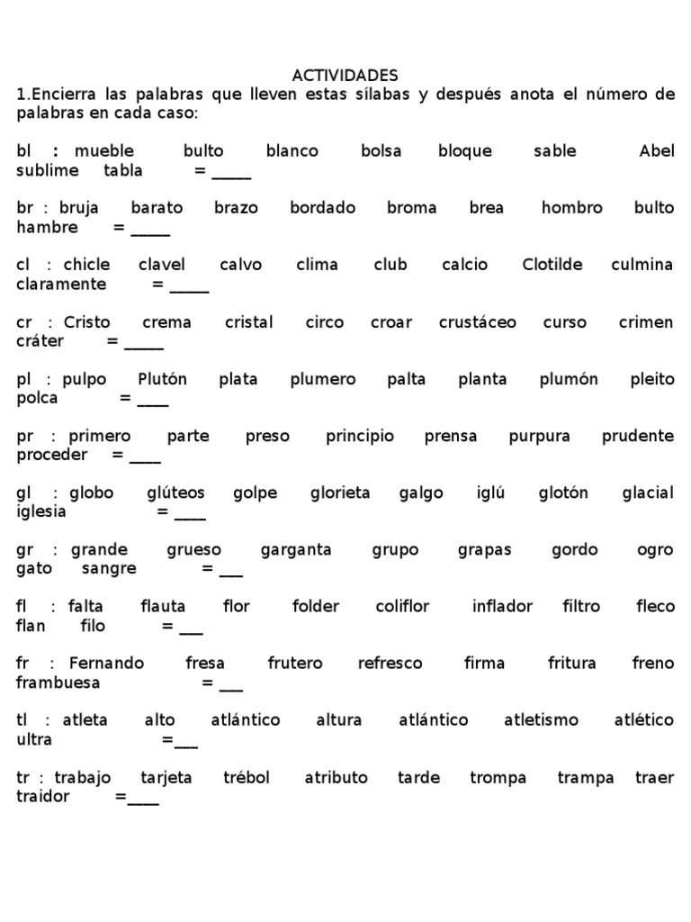 Ejercicios Silabas Trabadas - Palabras | PDF | Naturaleza