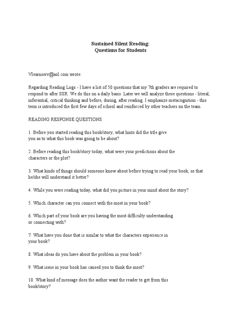 SSR Reading Response Questions Guide | PDF | Books | Thought