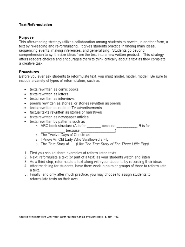 Text Reformulation | PDF | Reading Comprehension | Communication