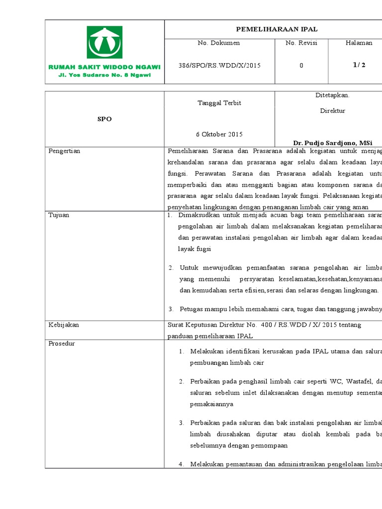SPO Pemeliharaan Ipal | PDF