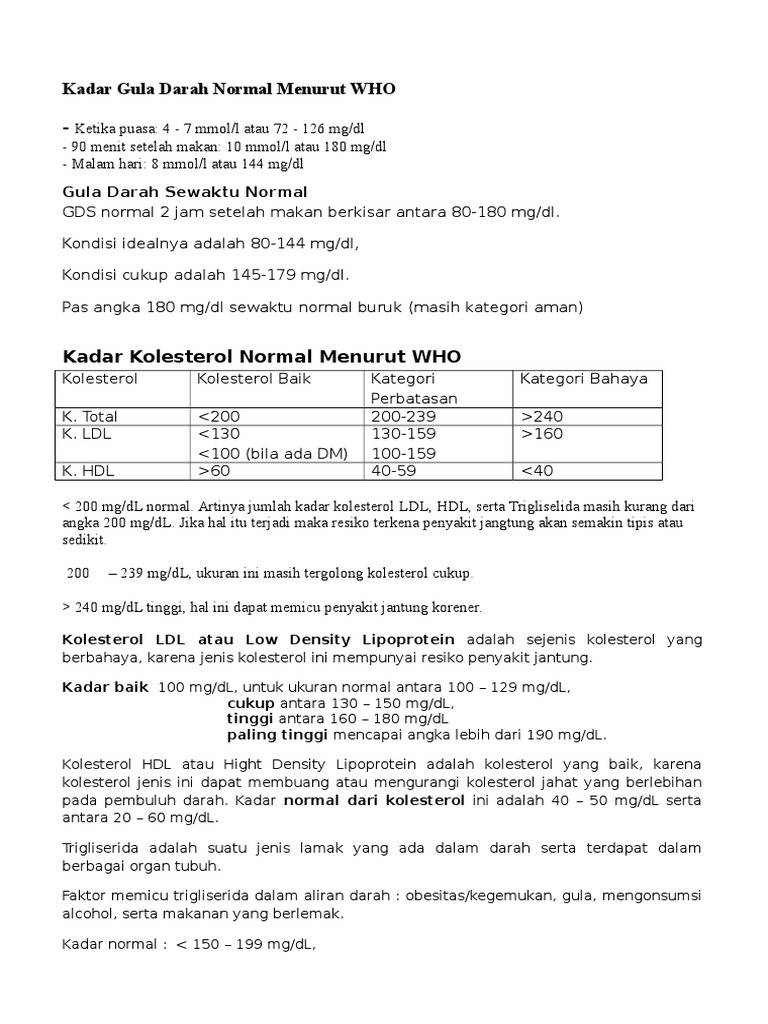 Kadar Gula Darah Normal Menurut WHO | PDF