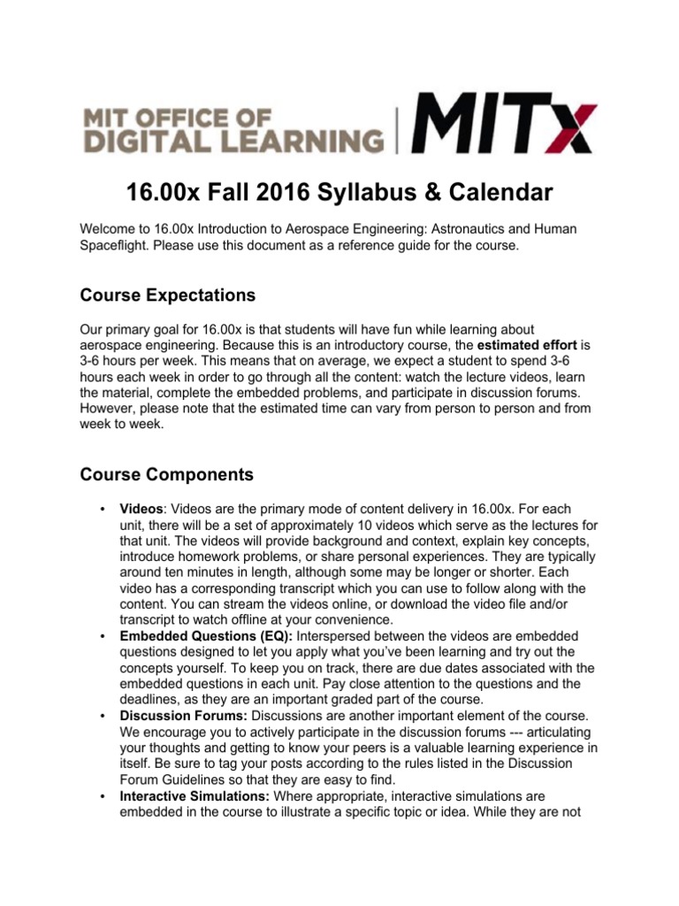 16.00x Fall 2016 Syllabus & Calendar: Course Expectations | PDF ...
