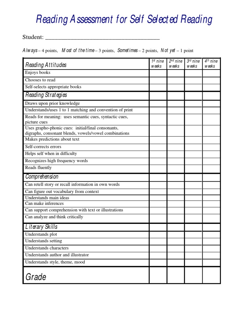 Reading Assessment For Self Selected Reading | PDF | Self-Improvement