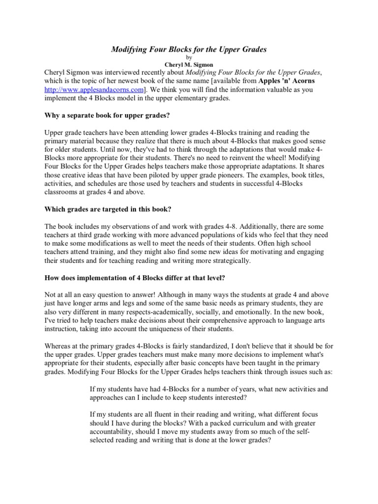 Modifying Four Blocks For The Upper Grades | PDF | Reading (Process ...