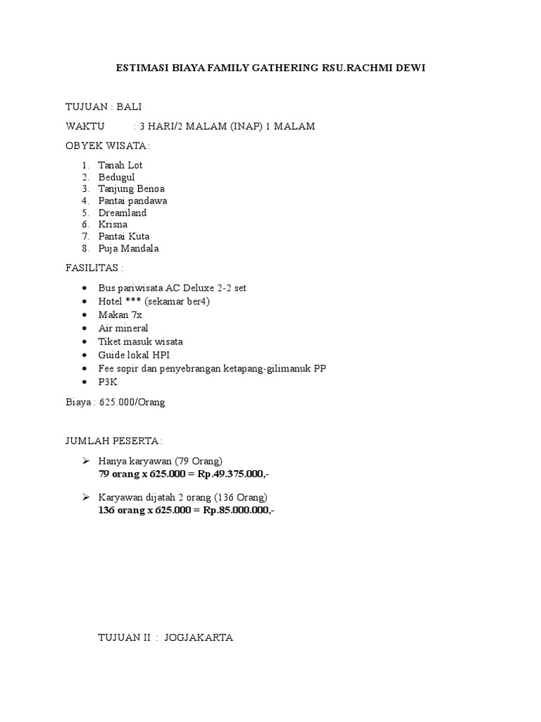 Rincian Biaya Family Gathering RSU Rachmi Dewi | PDF