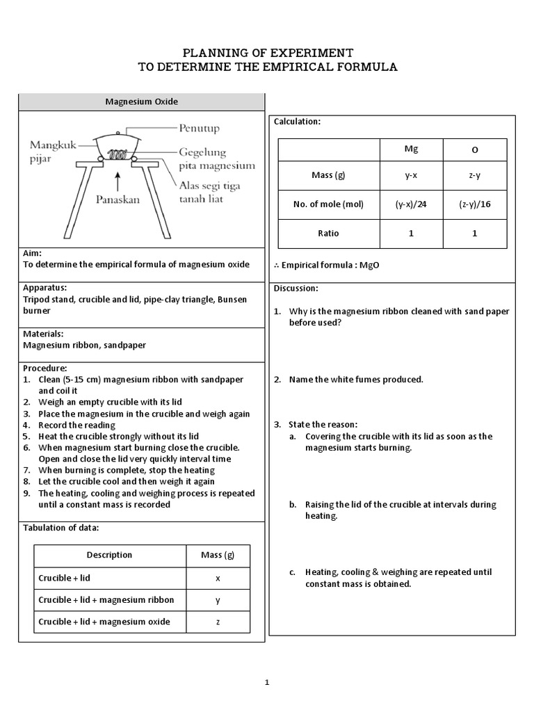 Empirical Formula of Magnesium Oxide Experiment | PDF | Combustion | Atoms