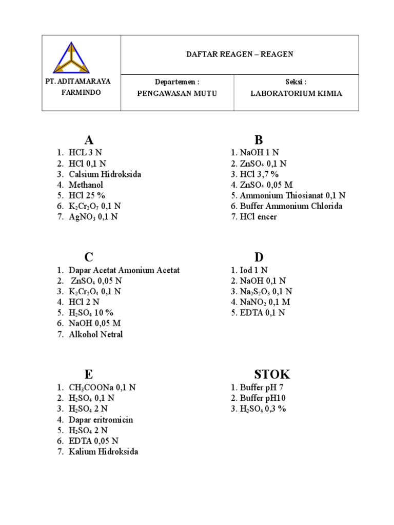 Daftar Reagen Laboratorium Kimia | PDF