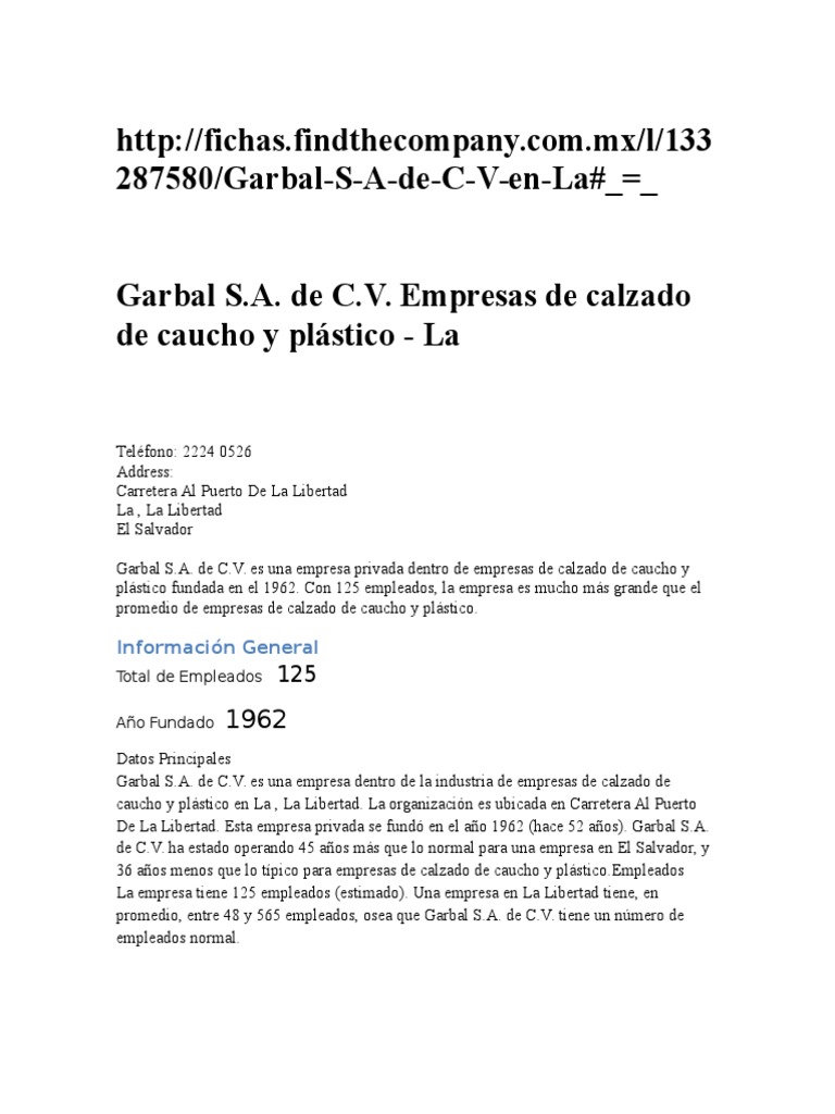 Garbal S.A. de C.V.: Calzado en El Salvador | PDF