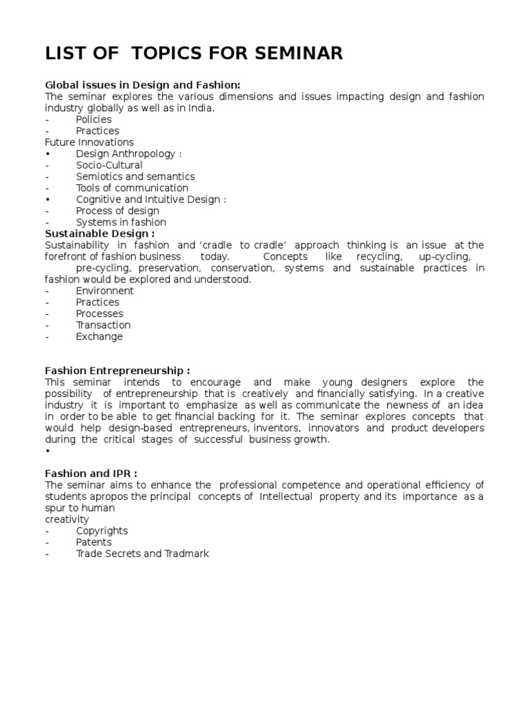 List of Topics For Seminar: Global Issues in Design and Fashion ...