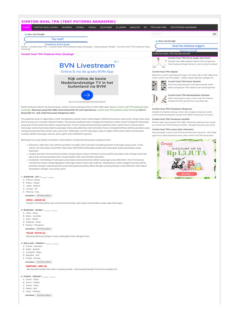 Contoh Soal Tpa Padanan Kata Analogi - HTML | PDF