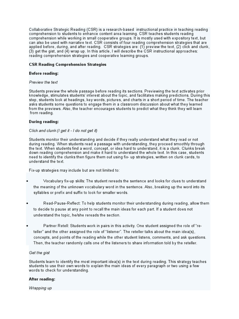 Collaborative Strategic Reading | PDF | Reading Comprehension | Reading ...
