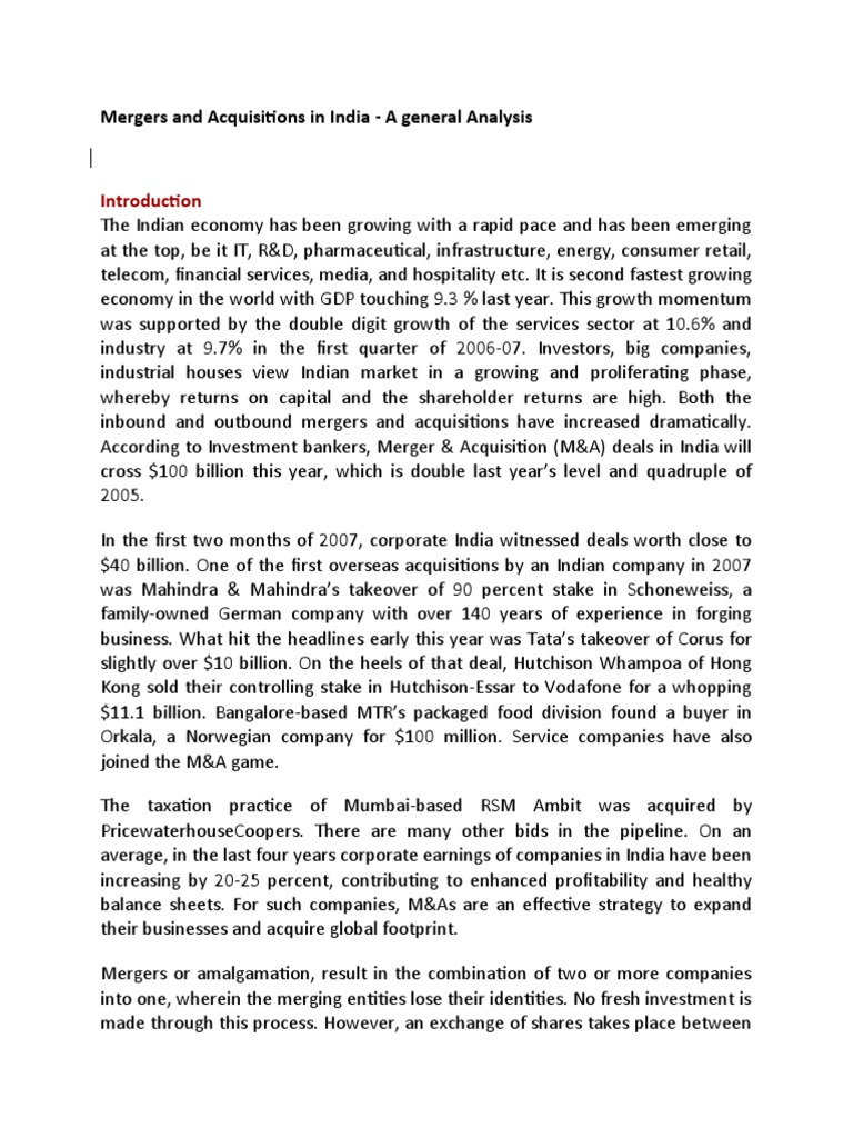 Mergers and Acquisitions in India Analysis | PDF | Mergers And ...